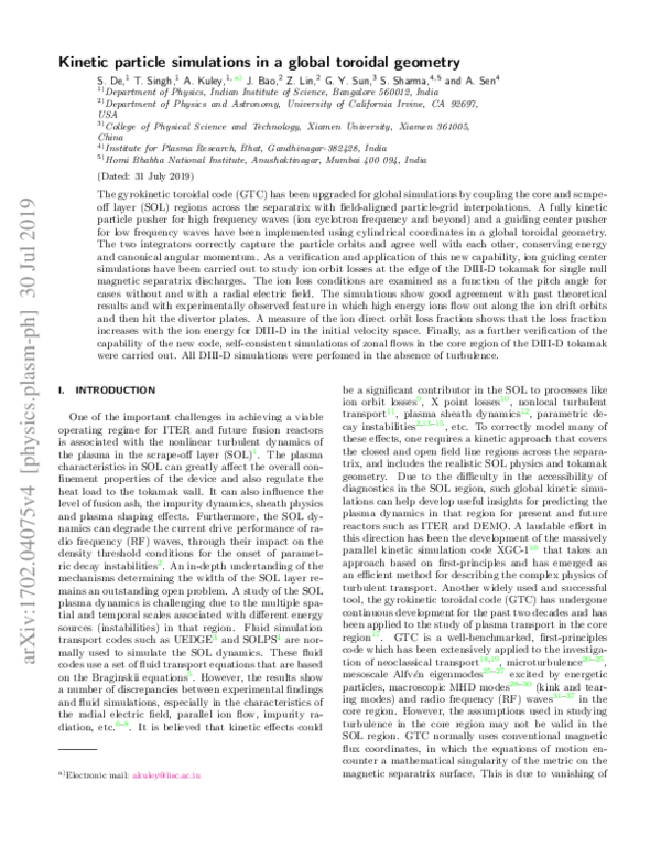 Pdf Global Particle In Cell Simulation Of Fusion Plasma In