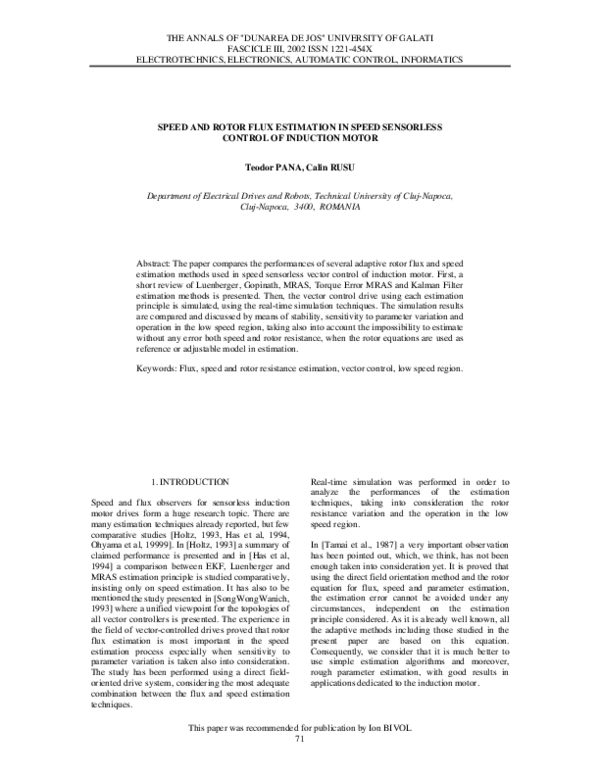 Pdf Speed And Rotor Flux Estimation In Speed Sensorless Control Of