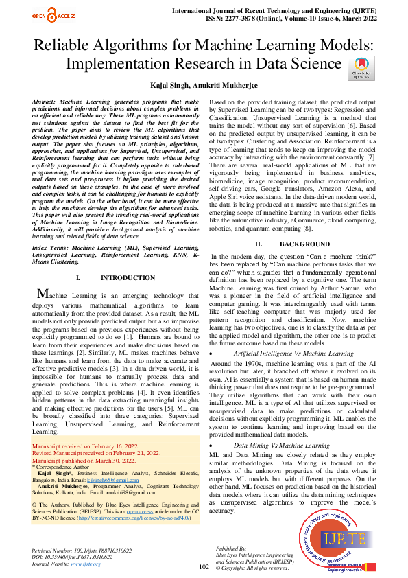 (PDF) Reliable Algorithms for Machine Learning Models: Implementation Research in Data Science