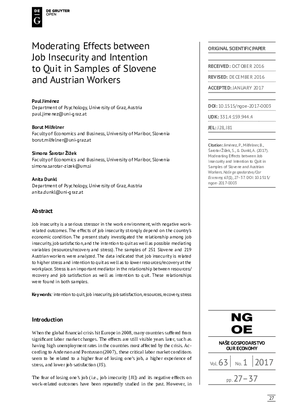 (PDF) Moderating Effects between Job Insecurity and Intention to Quit ...