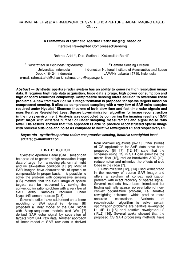 (PDF) A Framework of Synthetic Aperture Radar Imaging based on Iterative Reweighted Compressed ...