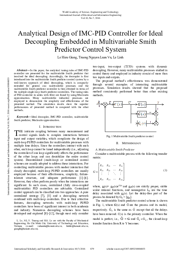 (PDF) Analytical Design Of Imc-Pid Controller For Ideal Decoupling Embedded In Multivariable ...