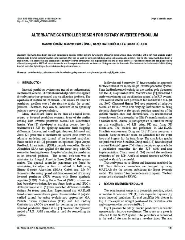 (PDF) Alternative Controller Design for Rotary Inverted Pendulum