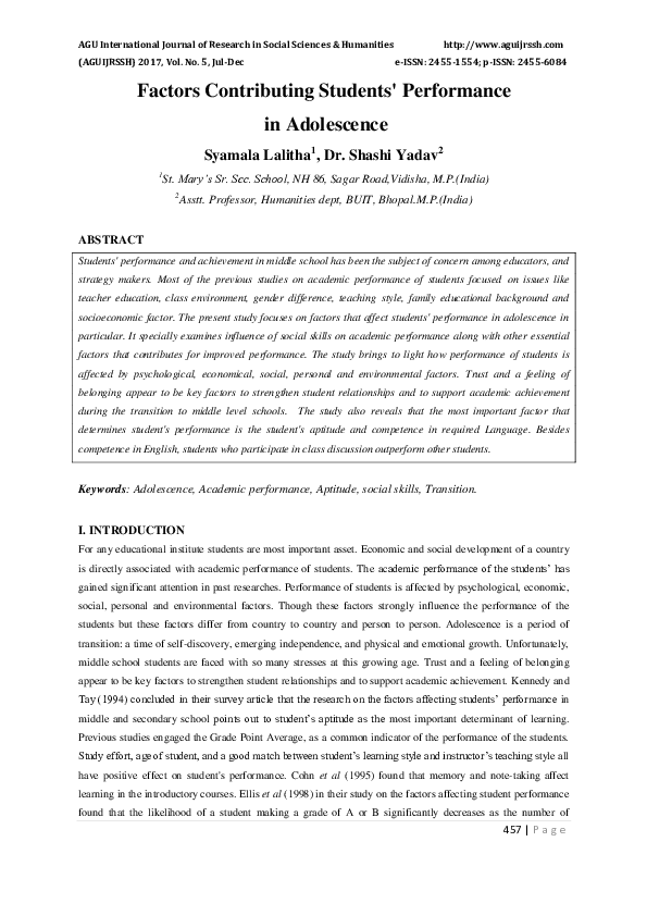 (PDF) Factors Contributing Students' Performance in Adolescence