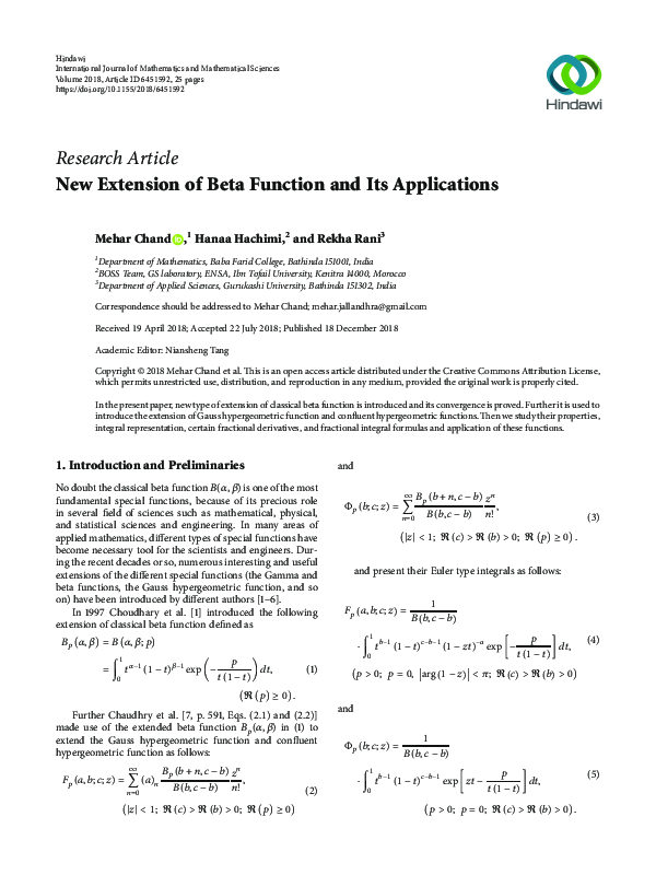 (PDF) New Extension of Beta Function and Its Applications