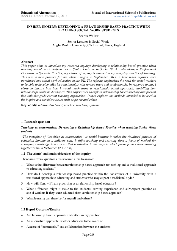 (PDF) Inside Inquiry: Developing a Relationship based practice when ...