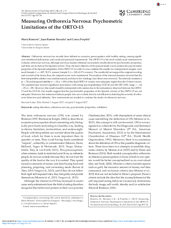 (PDF) Measuring Orthorexia Nervosa: Psychometric Limitations of the ORTO-15