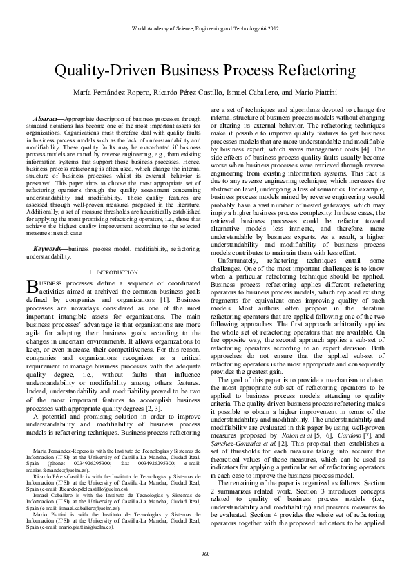 (PDF) Quality-Driven Business Process Refactoring