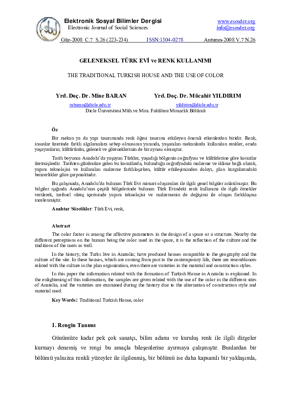 (PDF) Geleneksel Türk Evi Ve Renk Kullanimi