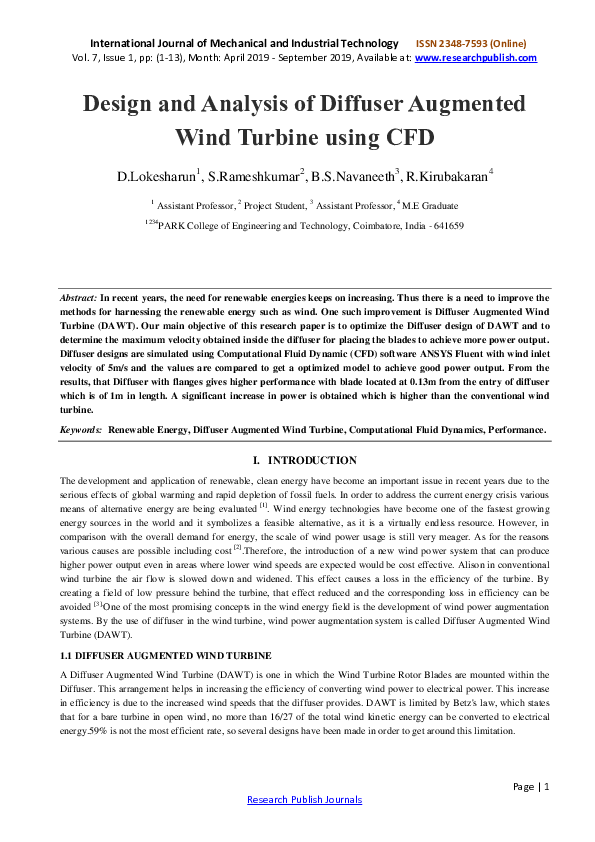 (PDF) Design and Analysis of Diffuser Augmented Wind Turbine using CFD