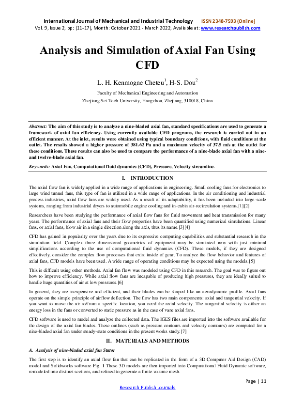 (PDF) Analysis and Simulation of Axial Fan Using CFD