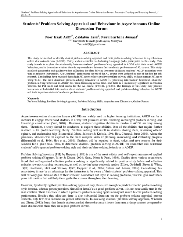 (PDF) Students’ Problem Solving Appraisal and Behaviour in Asynchronous Online Discussion Forum
