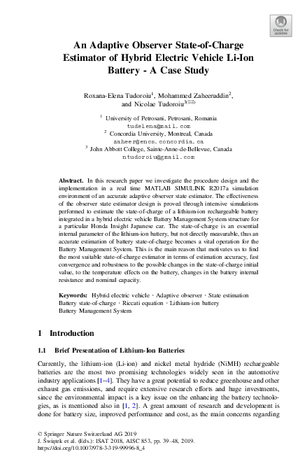 (PDF) An Adaptive Observer State-of-Charge Estimator of Hybrid Electric Vehicle Li-Ion Battery ...