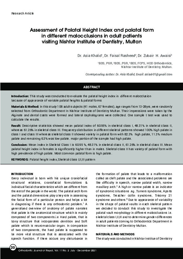 (PDF) Assessment of Palatal Height Index and palatal form in different ...