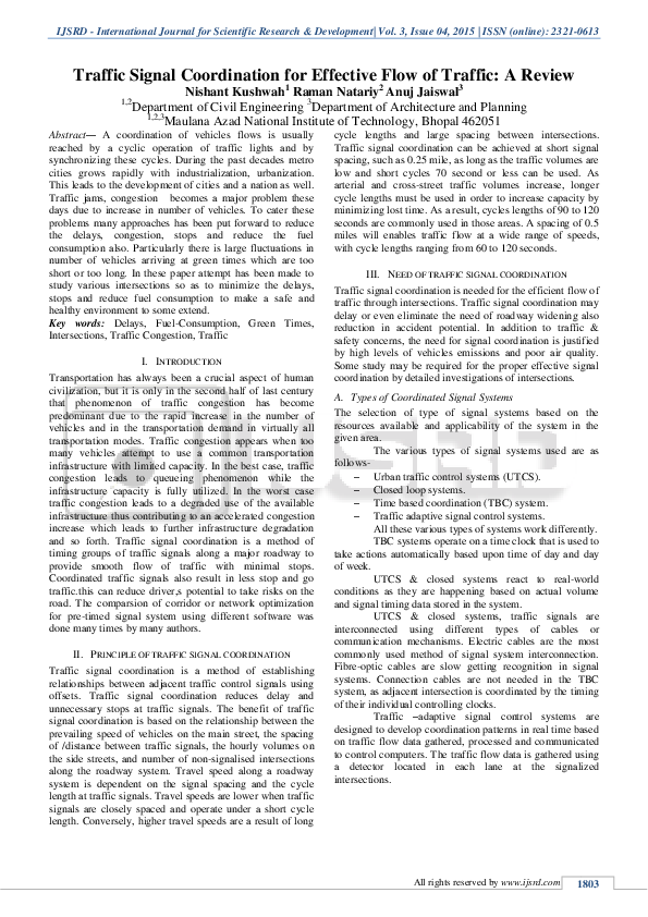 (PDF) Traffic Signal Coordination for Effective Flow of Traffic: A Review
