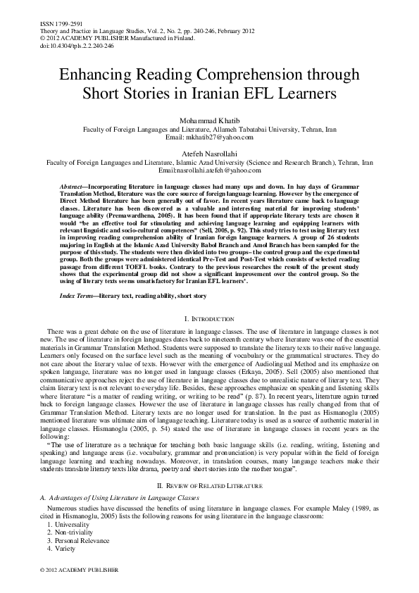(PDF) Enhancing Reading Comprehension through Short Stories in Iranian EFL Learners