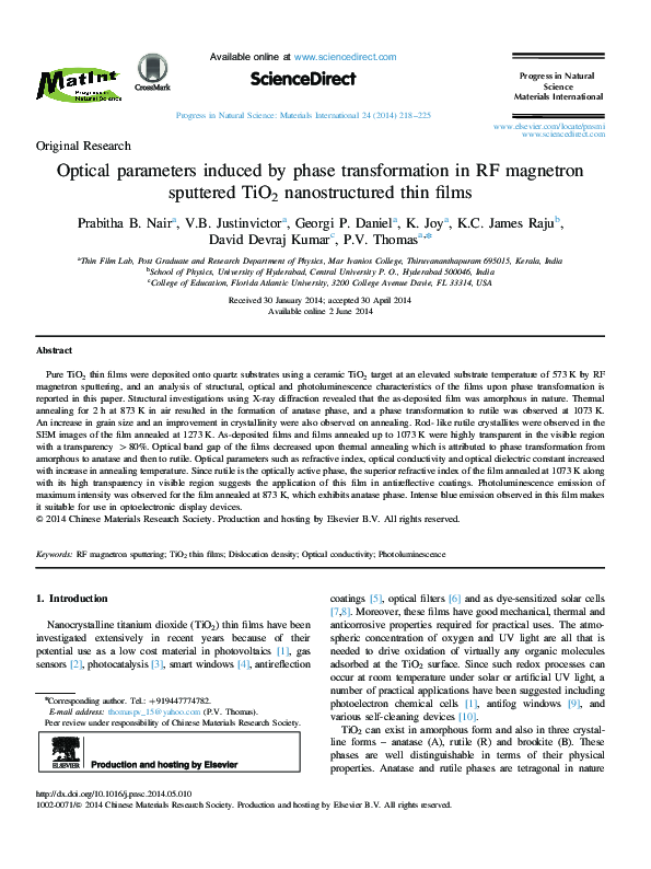 (PDF) Optical parameters induced by phase transformation in RF magnetron sputtered TiO2 ...