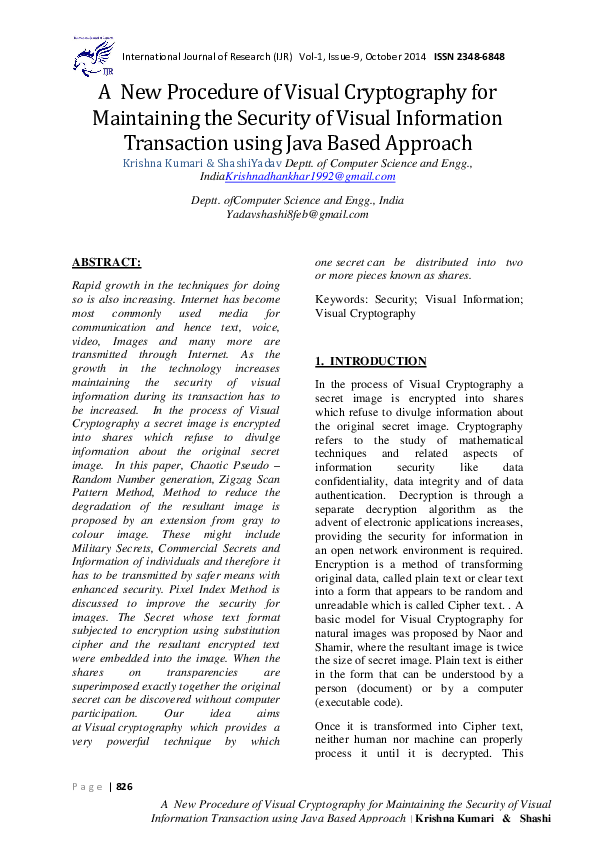 Pdf A New Procedure Of Visual Cryptography For Maintaining The Security Of Visual Information