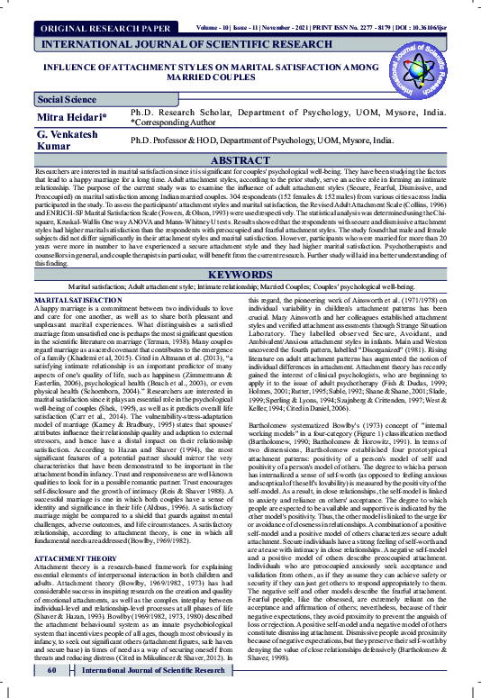 Pdf Influence Of Attachment Styles On Marital Satisfaction Among