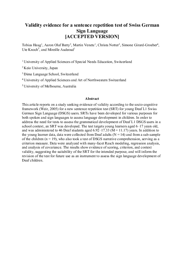 (PDF) Validity evidence for a sentence repetition test of Swiss German ...