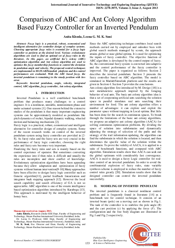 (PDF) Comparison of ABC and Ant Colony Algorithm Based Fuzzy Controller for an Inverted Pendulum