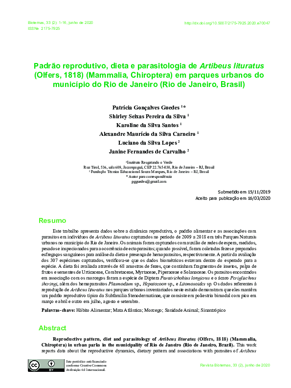 (PDF) Padrão reprodutivo, dieta e parasitologia de Artibeus lituratus ...