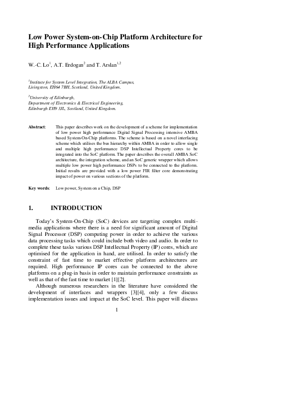 Pdf Low Power System On Chip Platform Architecture For High Performance Applications