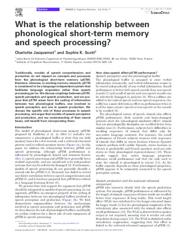(PDF) What is the relationship between phonological short-term memory and speech processing?