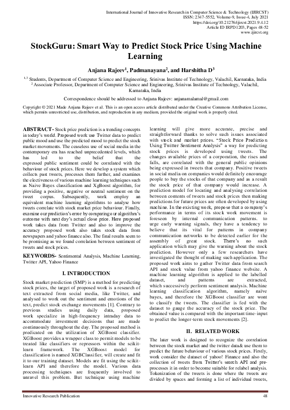 (PDF) Stockguru: Smart Way to Predict Stock Price Using Machine Learning