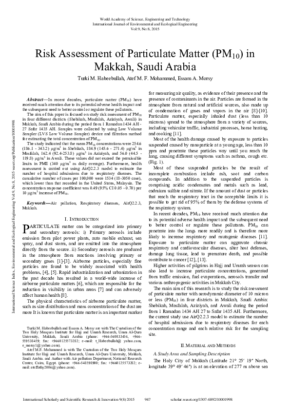 (PDF) Risk Assessment Of Particulate Matter (Pm10) In Makkah, Saudi Arabia