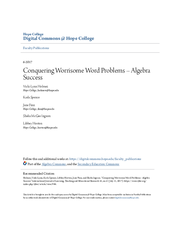 (PDF) Conquering Worrisome Word Problems - Algebra success