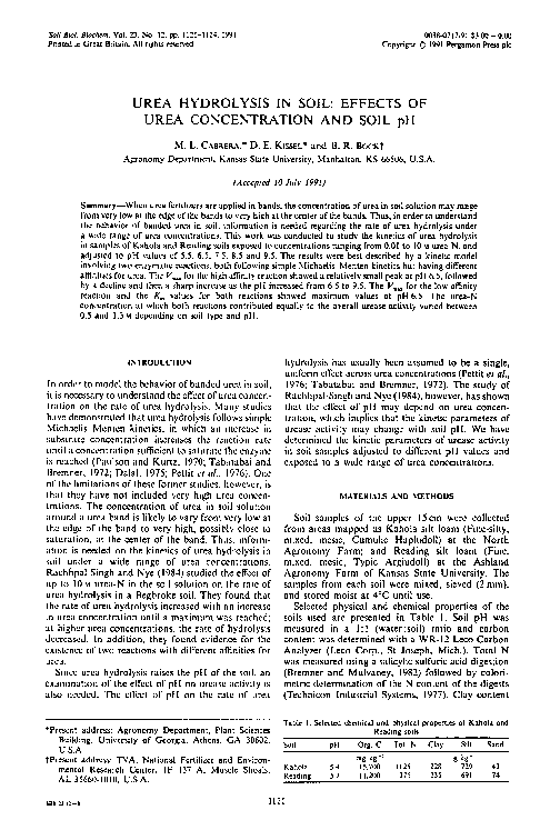 (PDF) Urea hydrolysis in soil: Effects of urea concentration and soil pH