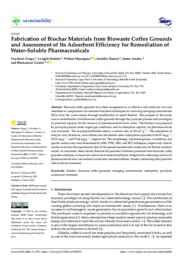 (PDF) Fabrication of Biochar Materials from Biowaste Coffee Grounds and Assessment of Its ...