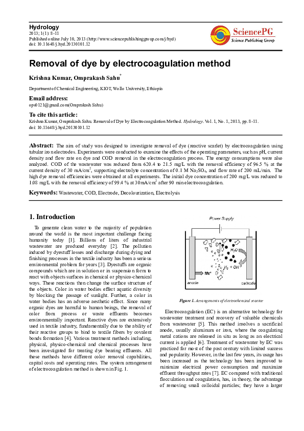 (PDF) Removal of Textile Dye Using Electrocoagulation