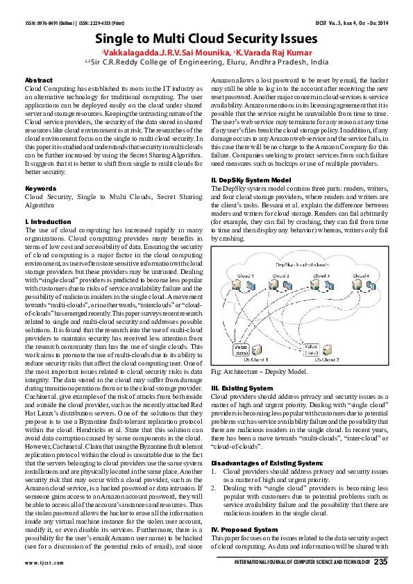 (PDF) Single to Multi Cloud Security Issues | Varada Sree Kumar - Academia.edu