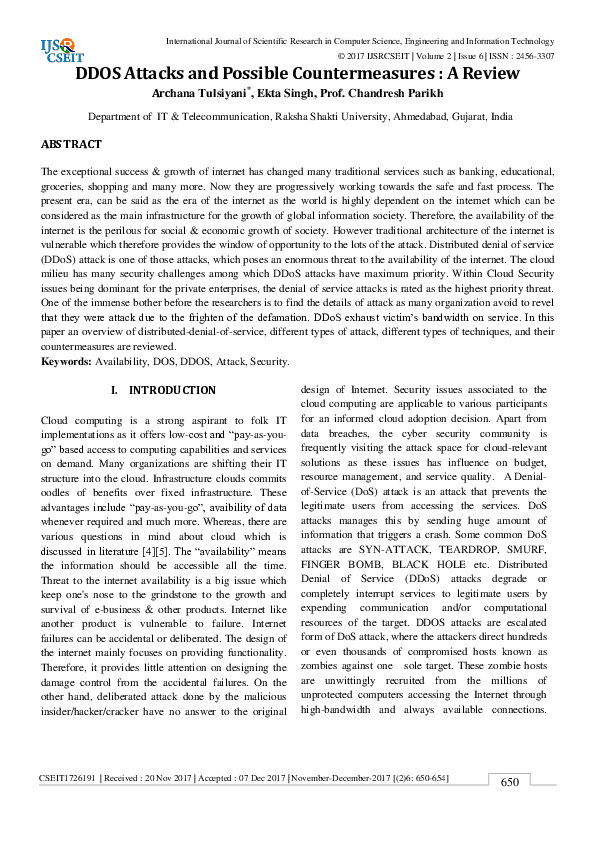 (PDF) CSEIT1726191 | DDOS Attacks and Possible Countermeasures : A Review