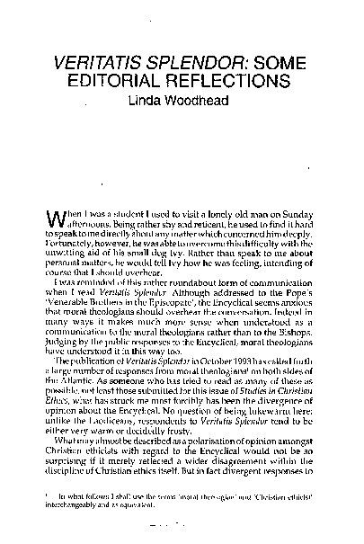 (PDF) Veritatis Splendor: Some Editorial Reflections