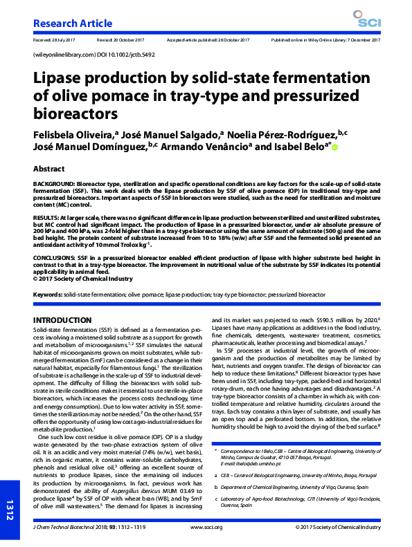 (PDF) Lipase Production by Solid-State Fermentation: Cultivation Conditions and Operation of ...
