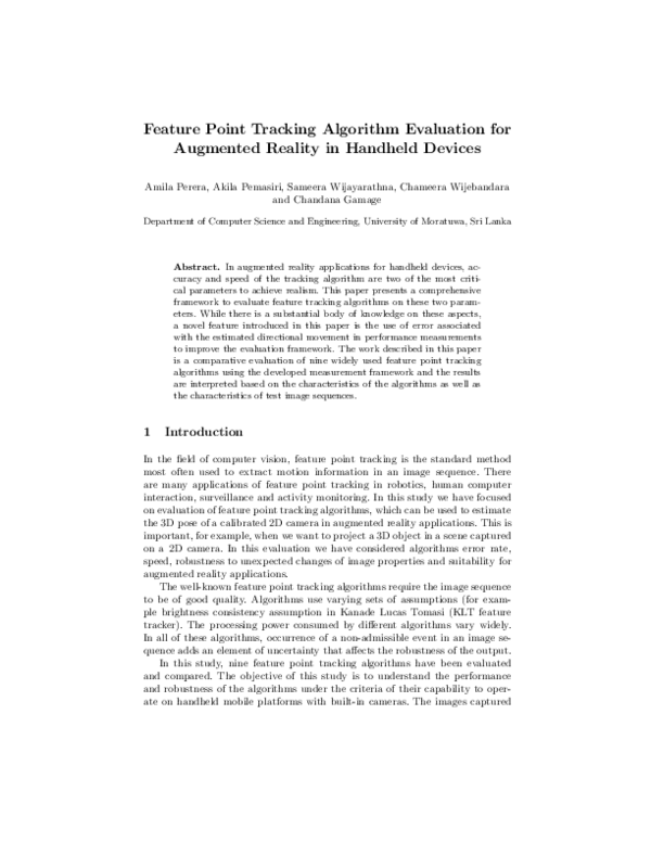 (PDF) Feature Point Tracking Algorithm Evaluation for Augmented Reality ...