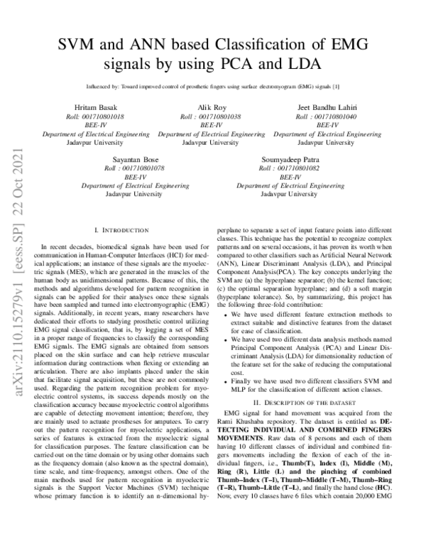 Pdf Svm And Ann Based Classification Of Emg Signals By Using Pca And Lda