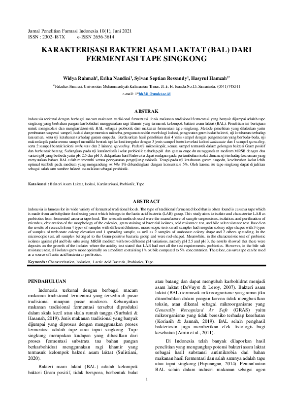 (PDF) Karakterisasi Bakteri Asam Laktat (Bal) Dari Fermentasi Tape Singkong