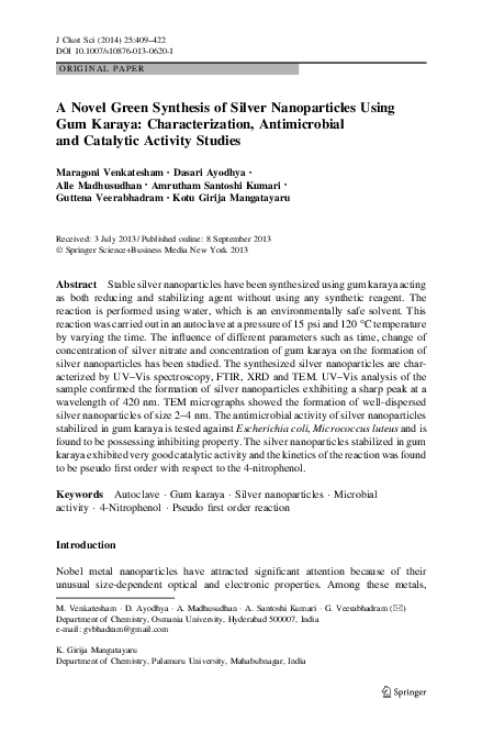 (PDF) A Novel Green Synthesis of Silver Nanoparticles Using Gum Karaya: Characterization ...
