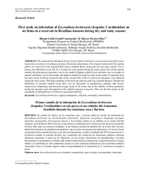 (PDF) First study on infestation of Excorallana berbicensis (Isopoda ...