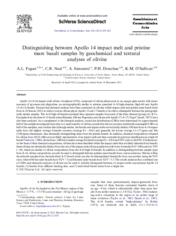 (PDF) Distinguishing between Apollo 14 impact melt and pristine mare ...