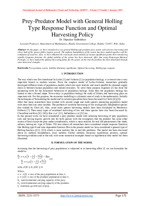 (PDF) Prey-Predator Model with General Holling Type Response Function and Optimal Harvesting Policy