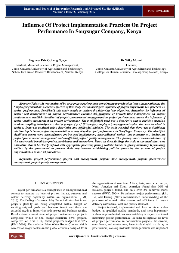 (PDF) Influence Of Project Implementation Practices On Project Performance In Sonysugar Company ...