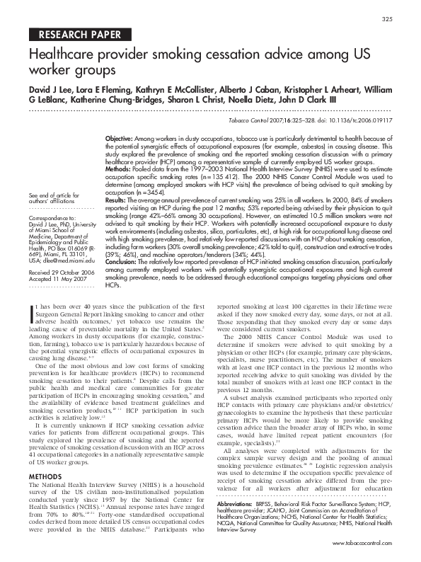 (PDF) Healthcare provider smoking cessation advice among US worker groups