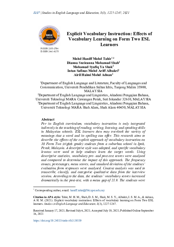 (PDF) Explicit vocabulary instruction: Effects of vocabulary learning ...