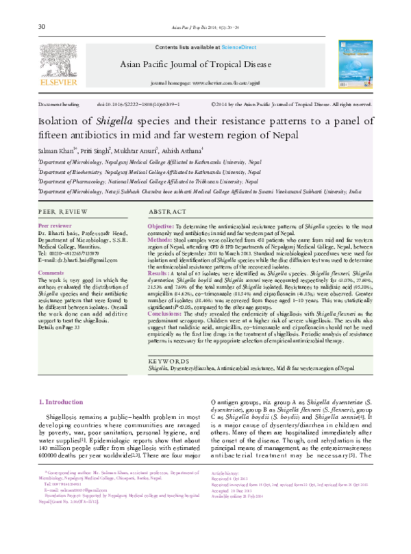 (PDF) Isolation of Shigella species and their resistance patterns to a ...