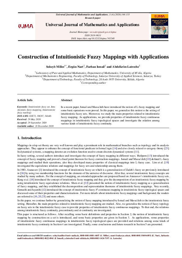 (PDF) Construction of Intuitionistic Fuzzy Mappings with Applications